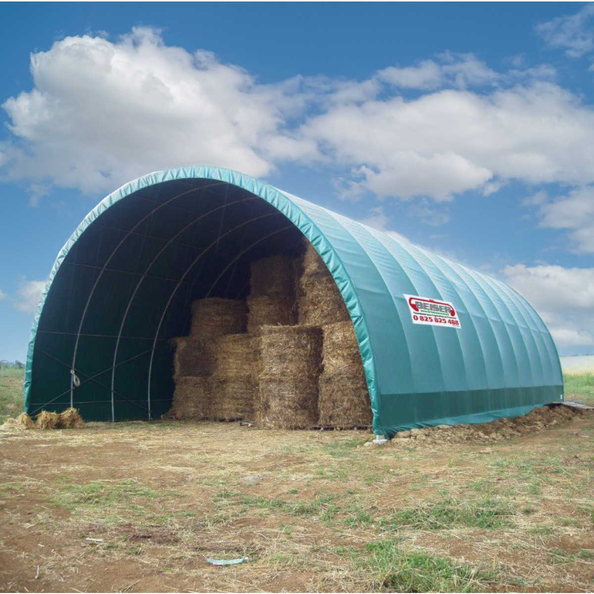Tunnel de stockage 10M x 10M x 3M90, avec bâche 610Gr/m² verte